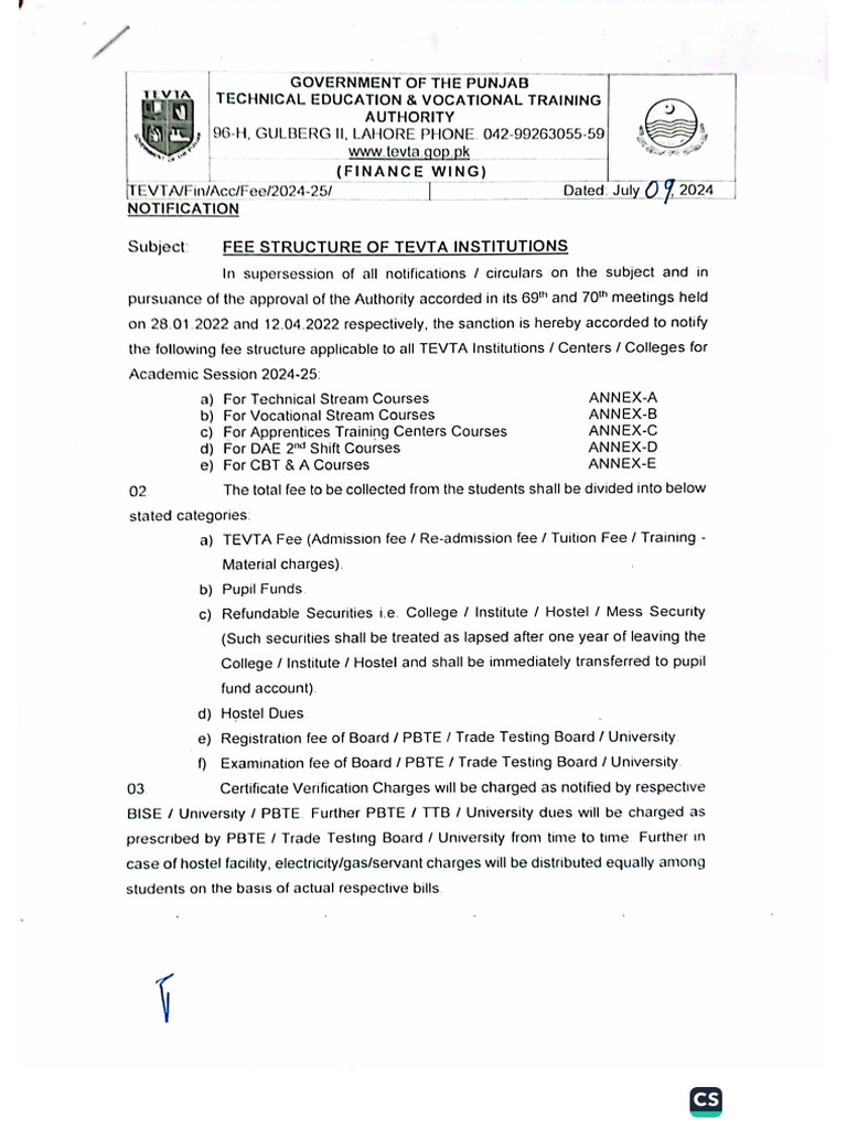 TEVTA Fee Notification 2024 25 | PDF
