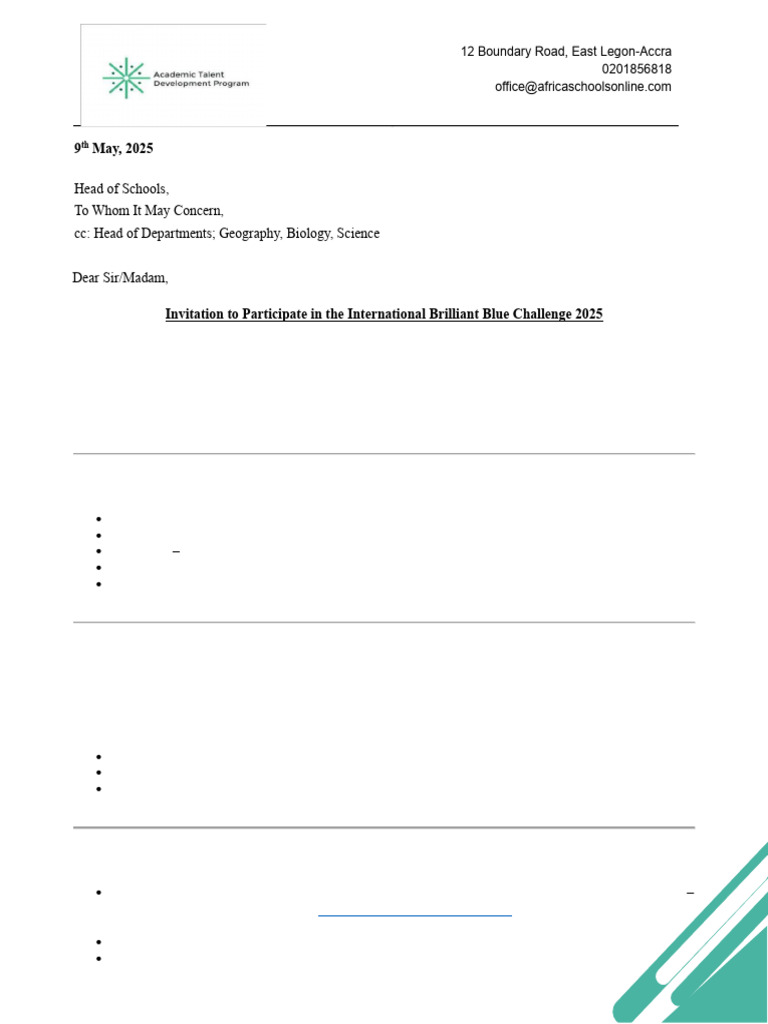 Brilliant Blue Challenge - Invitation to Schools | PDF
