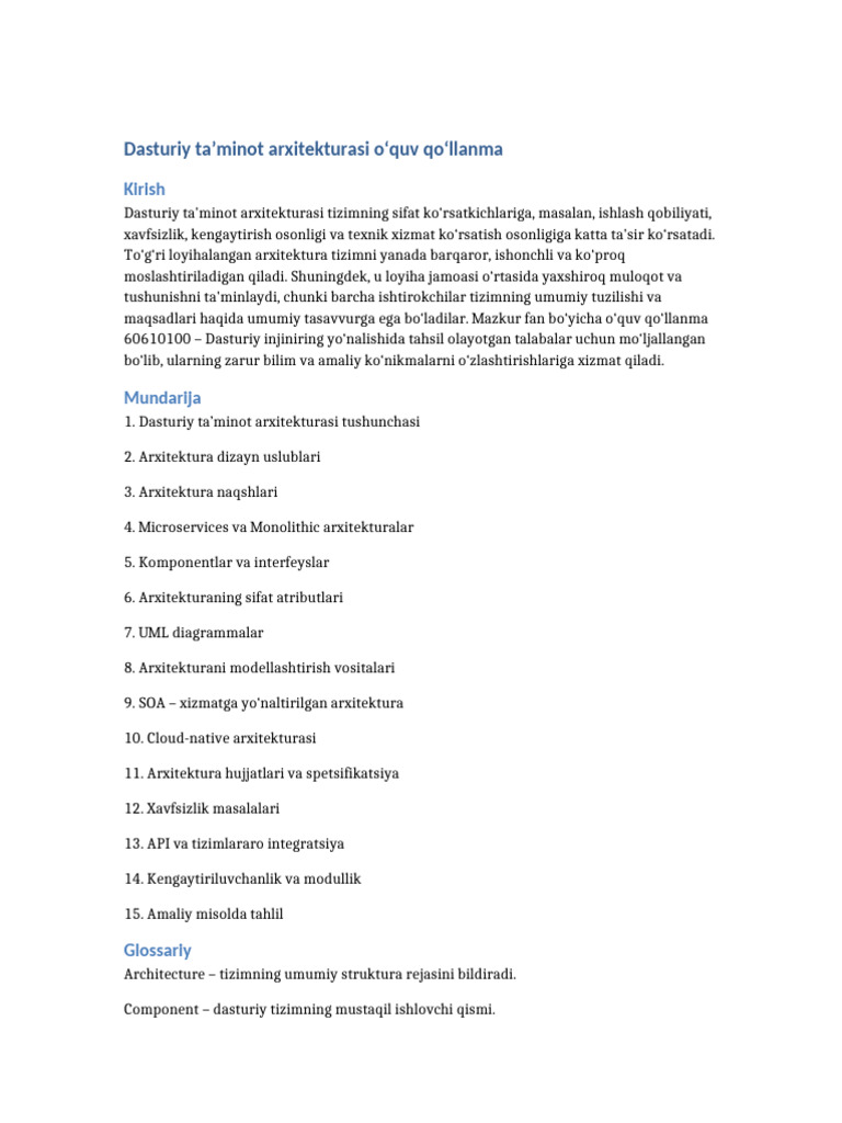Dasturiy_taminot_arxitekturasi_oquv_qollanma | PDF