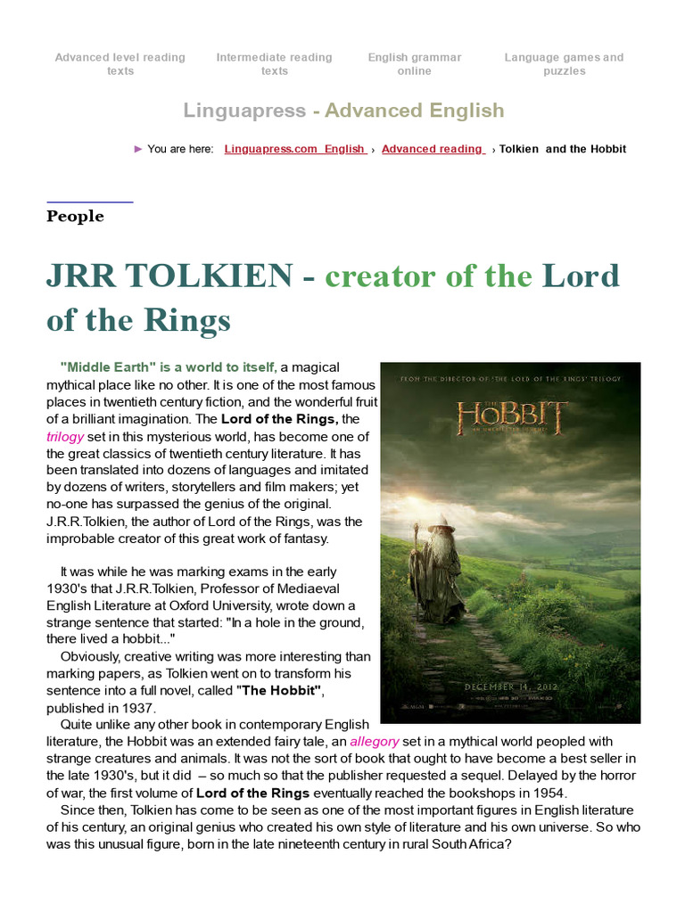 Who Was Tolkien - A Short Text in Advanced Level English | PDF | J. R ...