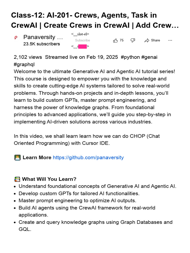 Class-12 - AI-201 - Crews, Agents, Task in CrewAI - Create Crews in CrewAI - Add Crew in Flow ...