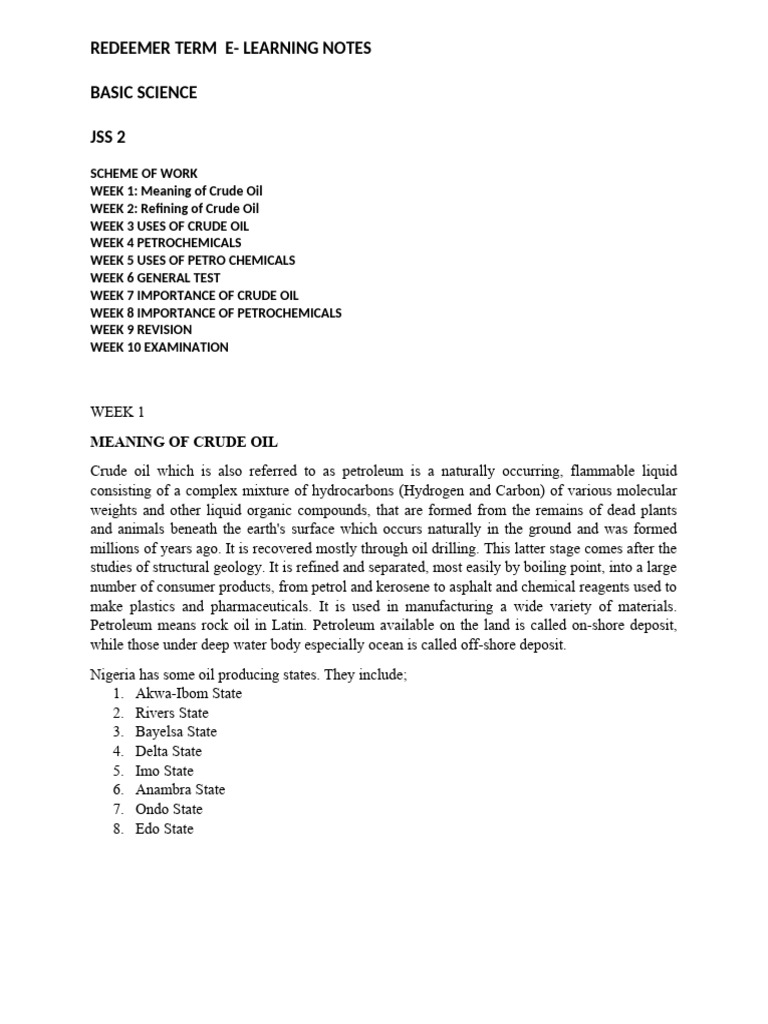 Jss2 Basic Science Redeemer Term E-Notes | PDF | Oil | Petroleum
