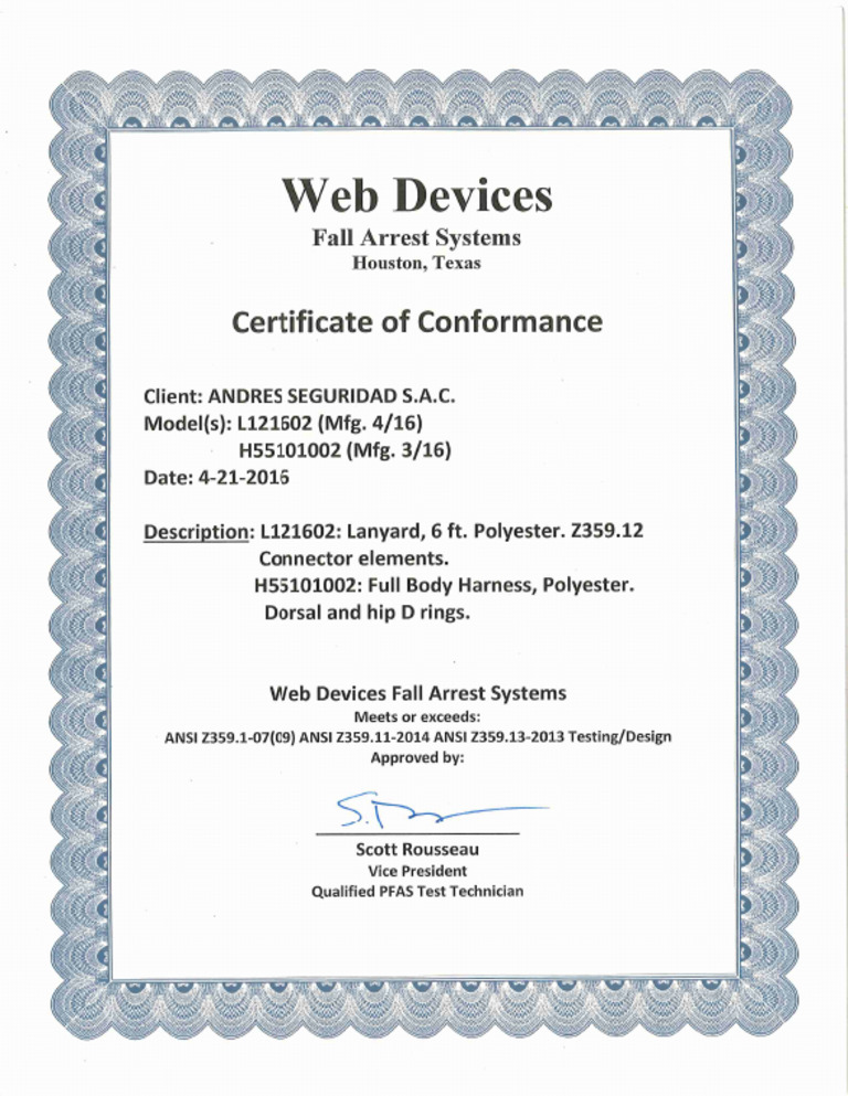 Certificado de Conformidad - Doble Linea de Vida WD (L12 1602) - Arnes ...