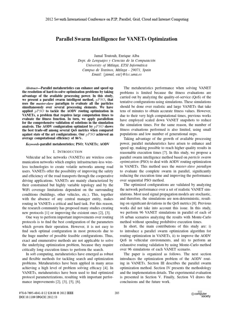 Parallel Swarm Intelligence For VANETs Optimization | PDF | Routing | Metaheuristic
