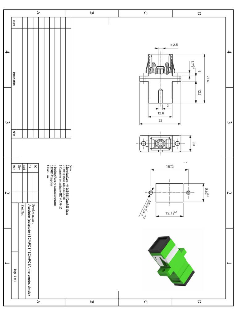 Acoplador (Adaptador) SC APC 8íÒ-SC APC 8íò, Monomodo, Simplex | PDF