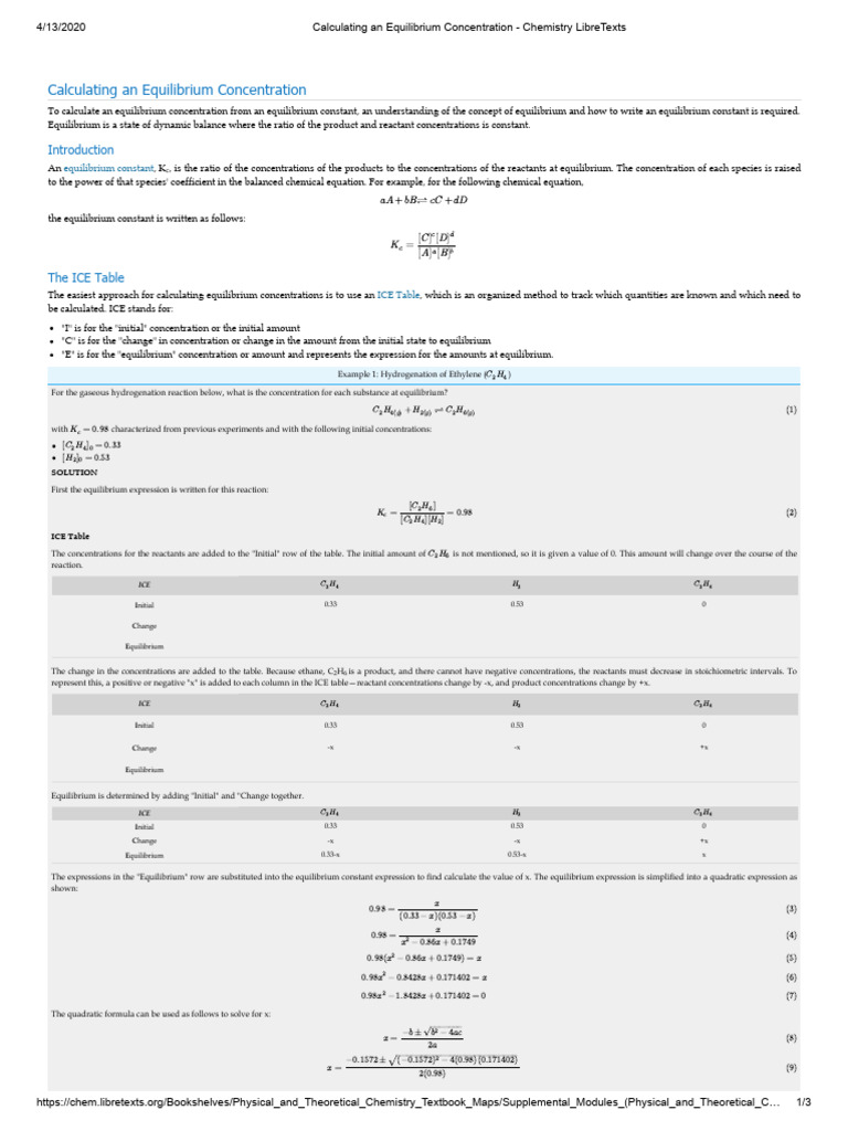 Calculating An Equilibrium Concentration Chemistry LibreTexts | PDF ...