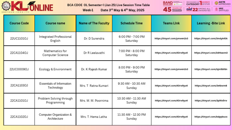BCA SEM I Live Session Time Table | PDF