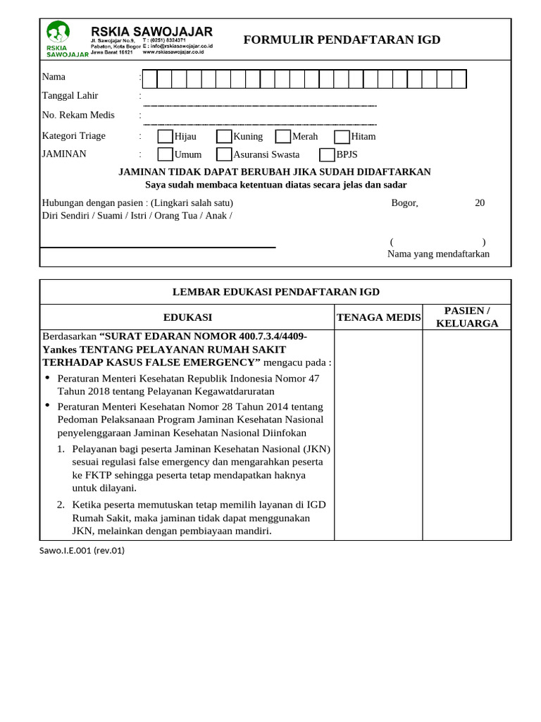 Form Pendaftaran IGD + Edukasi (Rev. 01) | PDF