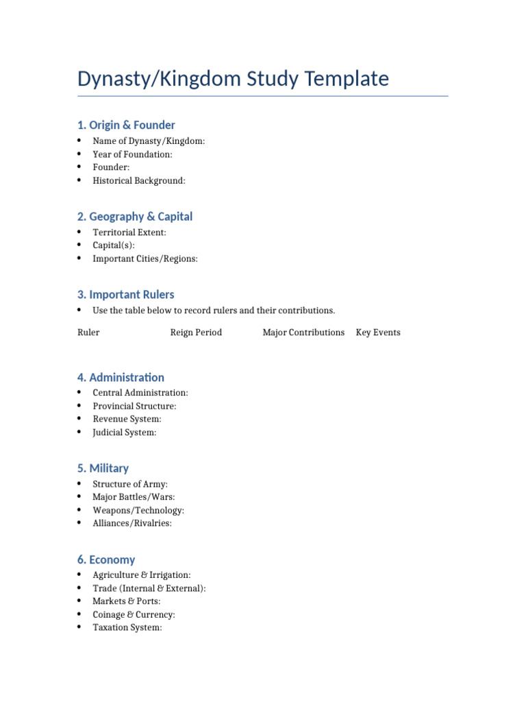 Dynasty Kingdom Study Template UPSC | PDF