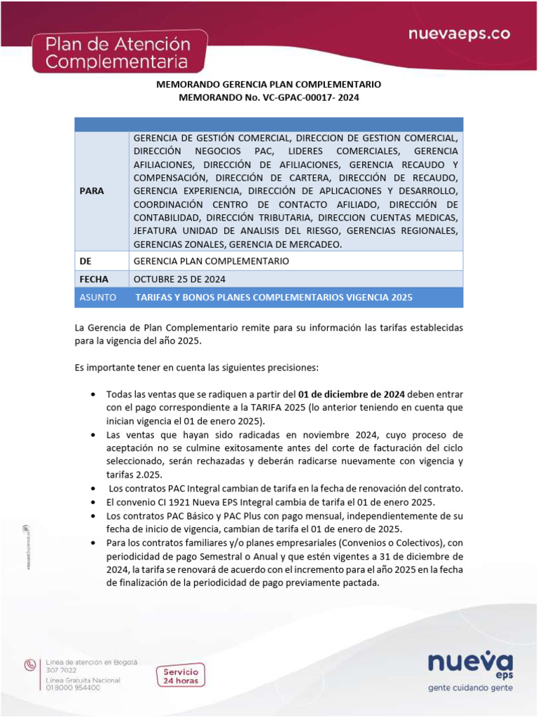 MEMORANDO No. VC-GPAC-00017 2024 TARIFAS Y BONOS 2025 PLANES COMPLEMENTARIOS | PDF | Medicina ...