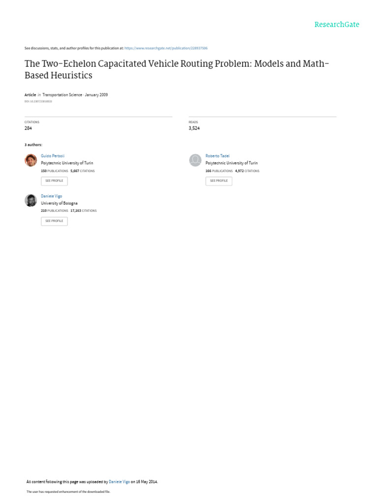 The Two-Echelon Capacitated Vehicle Routing Proble | PDF
