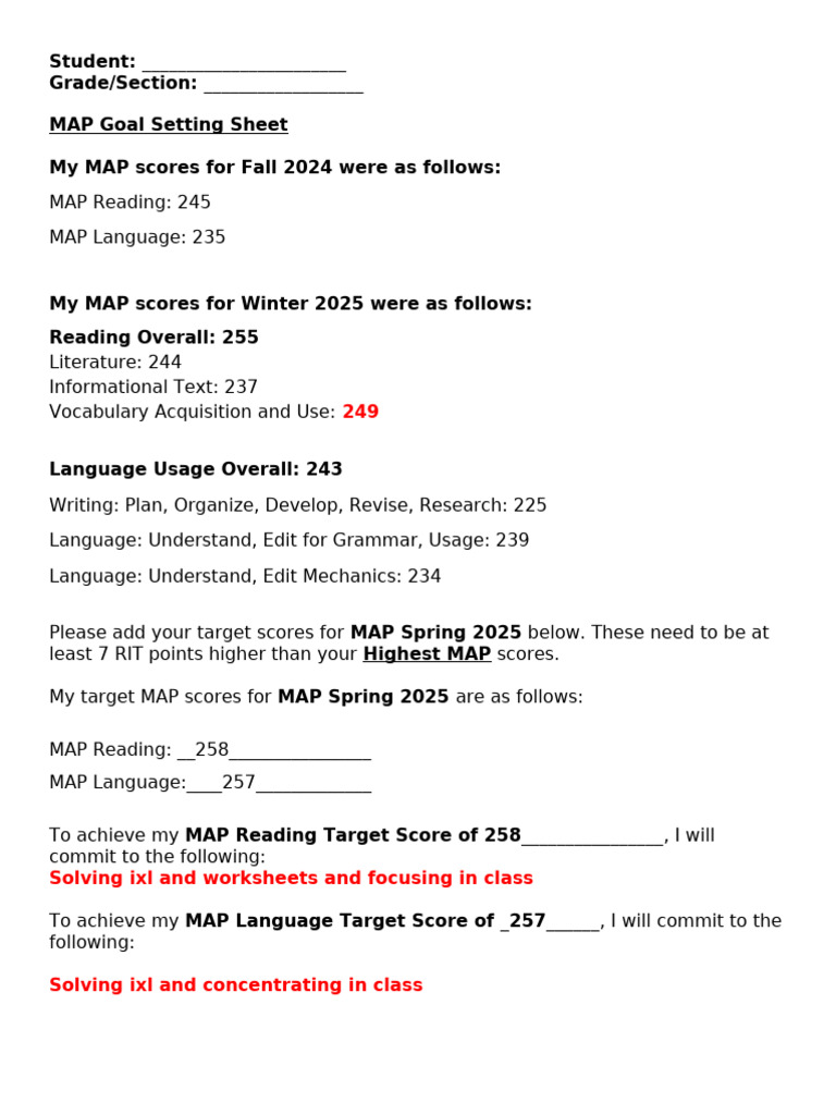 MAP Goal Setting for Spring 2025 | PDF