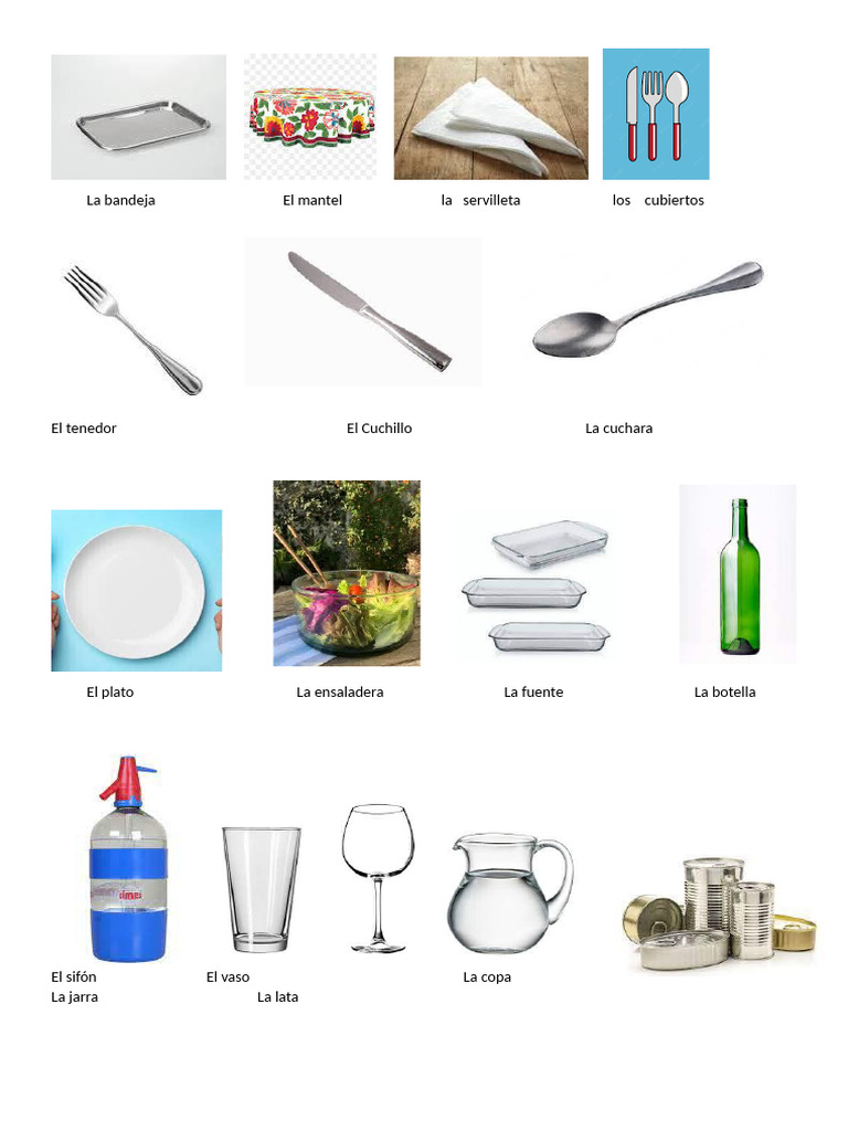 Vocabulario Los Recipientes y Los Utensilios de Cocina y Mesa | PDF