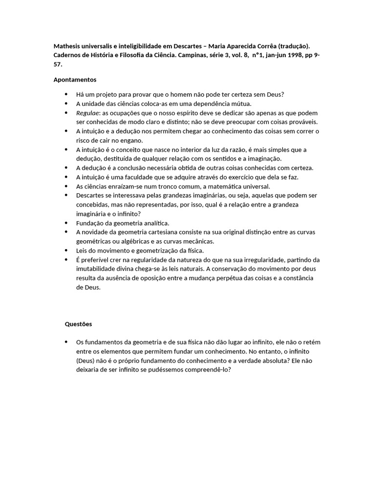 Mathesis Universalis e Inteligibilidade No Pensamento de Descartes | PDF