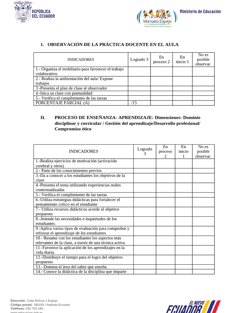 Ficha de Observación Aulica Ueeme 2024 - 2025 | PDF | Salón de clases ...
