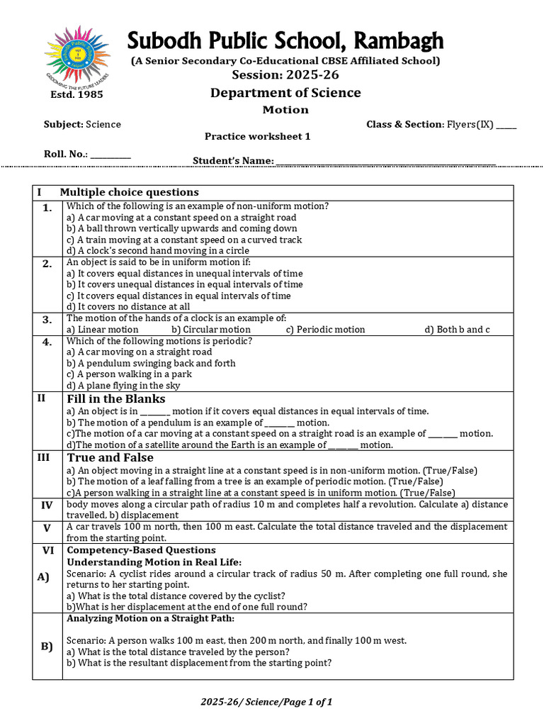 Practice Worksheet1 2025-26 QP F1 Motion | PDF | Speed | Distance