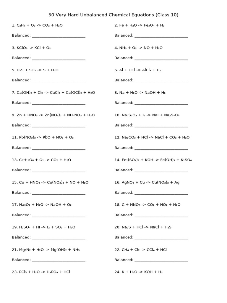 Unbalanced Chemical Equations Balancing Sheet 250510 130408 | PDF ...