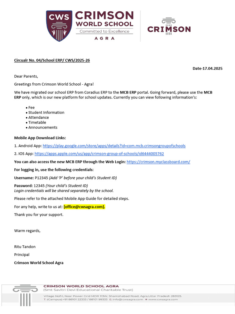 Circular No. 4 - School ERP - 17th April | PDF