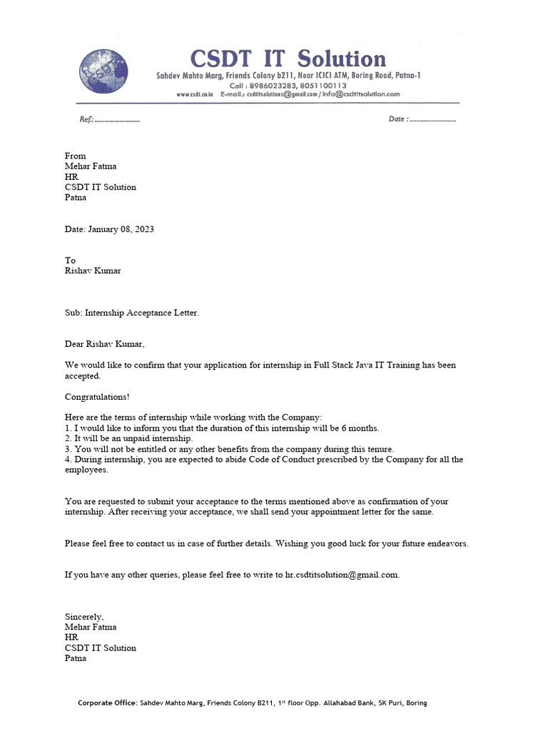 Rishav Kumar Internship Acceptance Letter | PDF