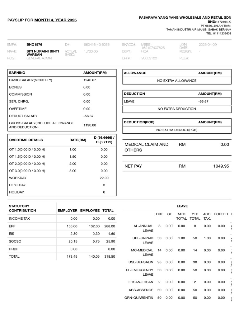 April 2025 Payslip for Siti Nuraini | PDF | Labor | Industrial Relations