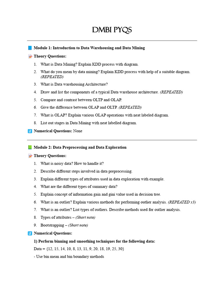 DMBI All Pyqs | PDF | Cluster Analysis | Data Warehouse