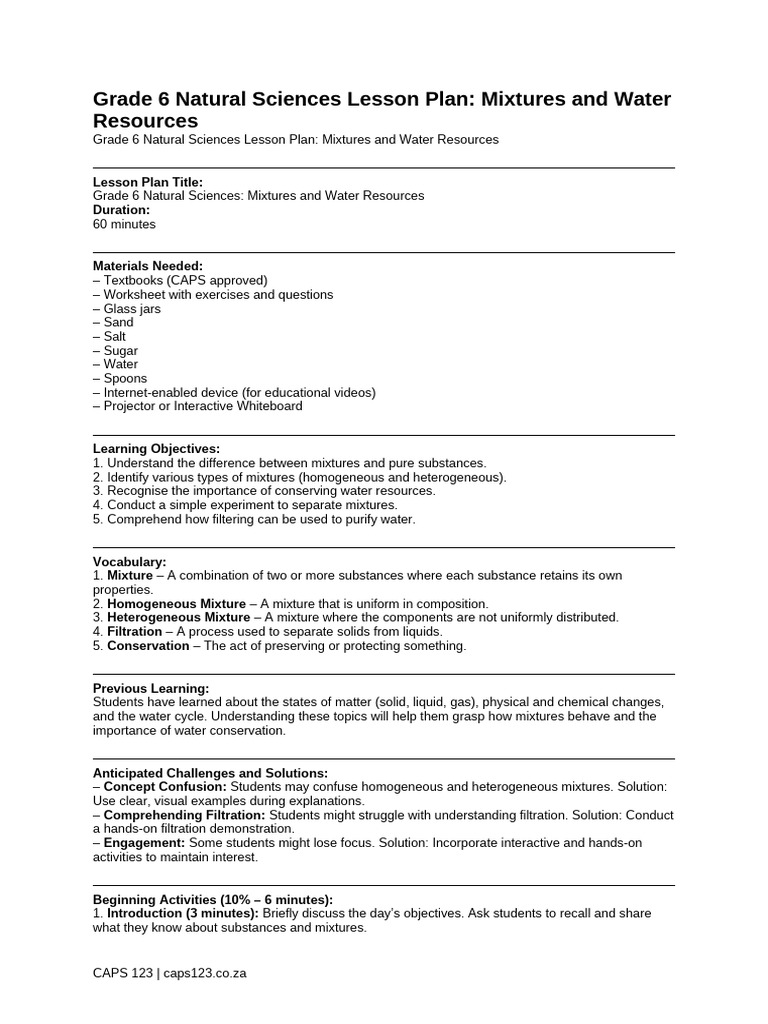 Grade 6 Natural Sciences Lesson Plan Mixtures and Water Resources | PDF ...
