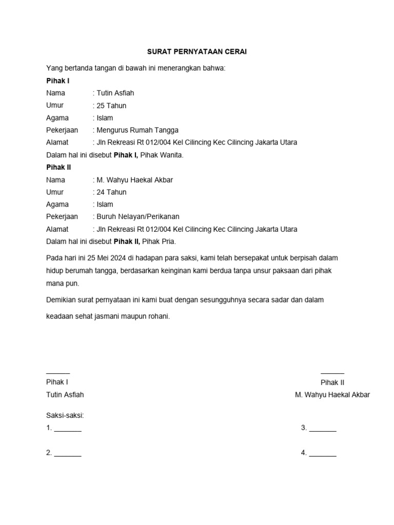 Surat Pernyataan Cerai Resmi 2024 | PDF