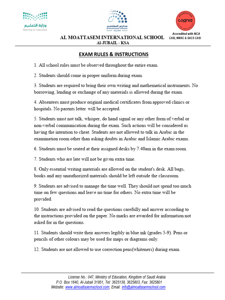 Exam Rules for Al Moattasem School | PDF