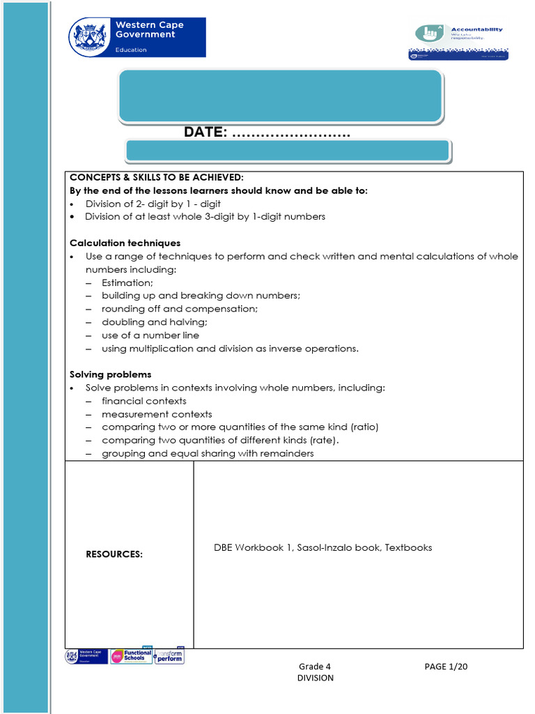 LESSON Gr. 4 Mathematics Term 2 Week 4,5 Division | PDF | Multiplication