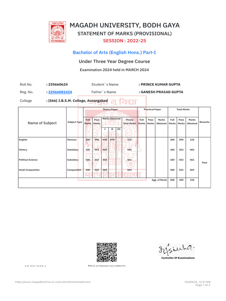 Marksheet Magadh University, Bodh Gaya | PDF | Academic Degree | Qualifications