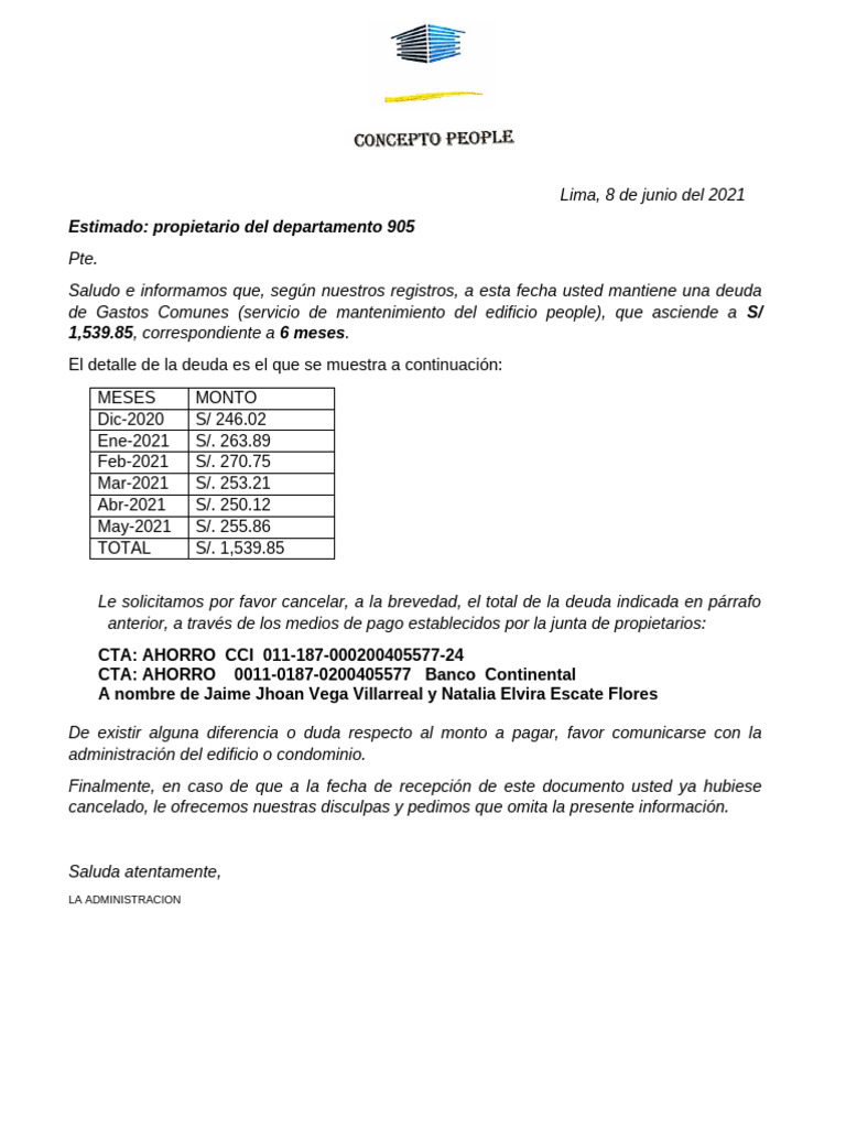Carta de Cobranza Cliente Moroso | PDF