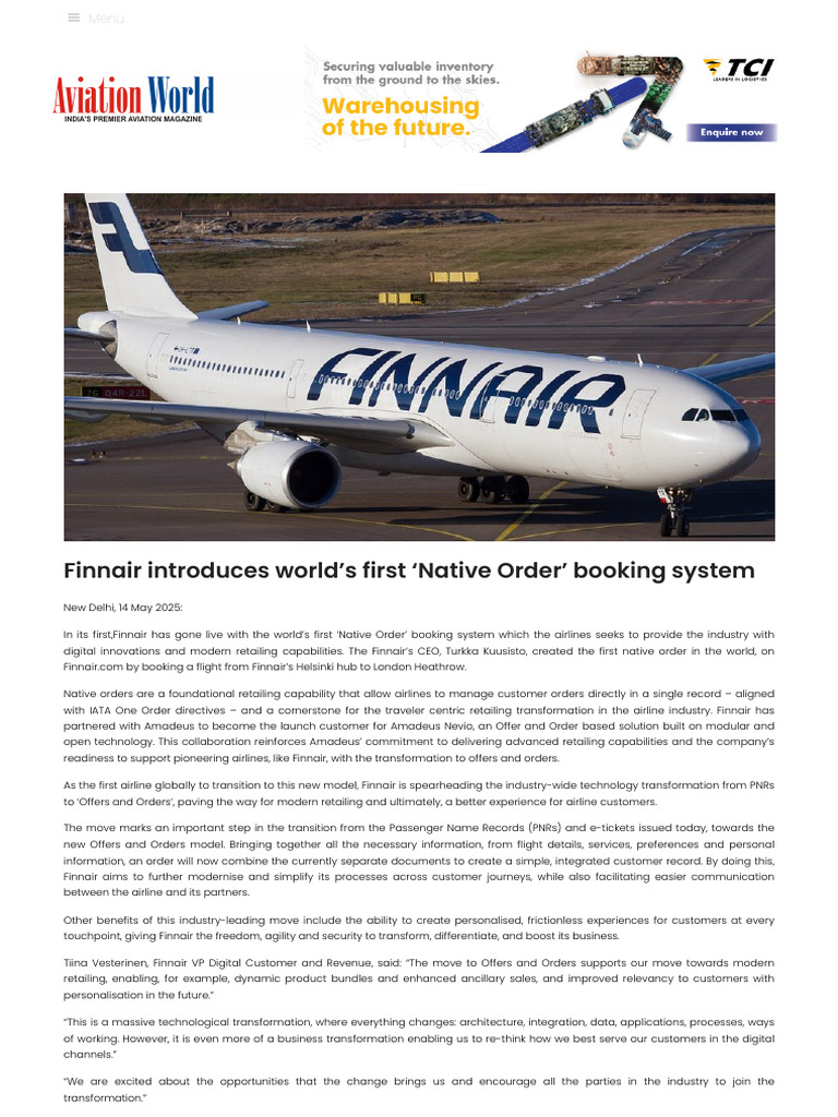 Finnair introduces world’s first ‘Native Order’ booking system ...