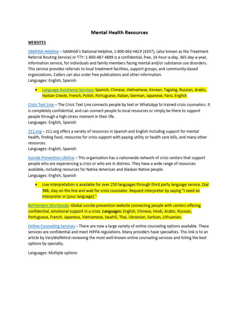 Mental Health Resources | PDF | Psychotherapy | Mental Health