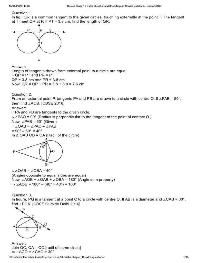 Circles - Extra Questions | PDF