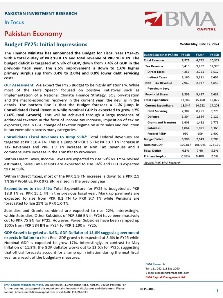 BMA in Focus - Pakistan Budget FY-2025 Initial Impressions | PDF ...