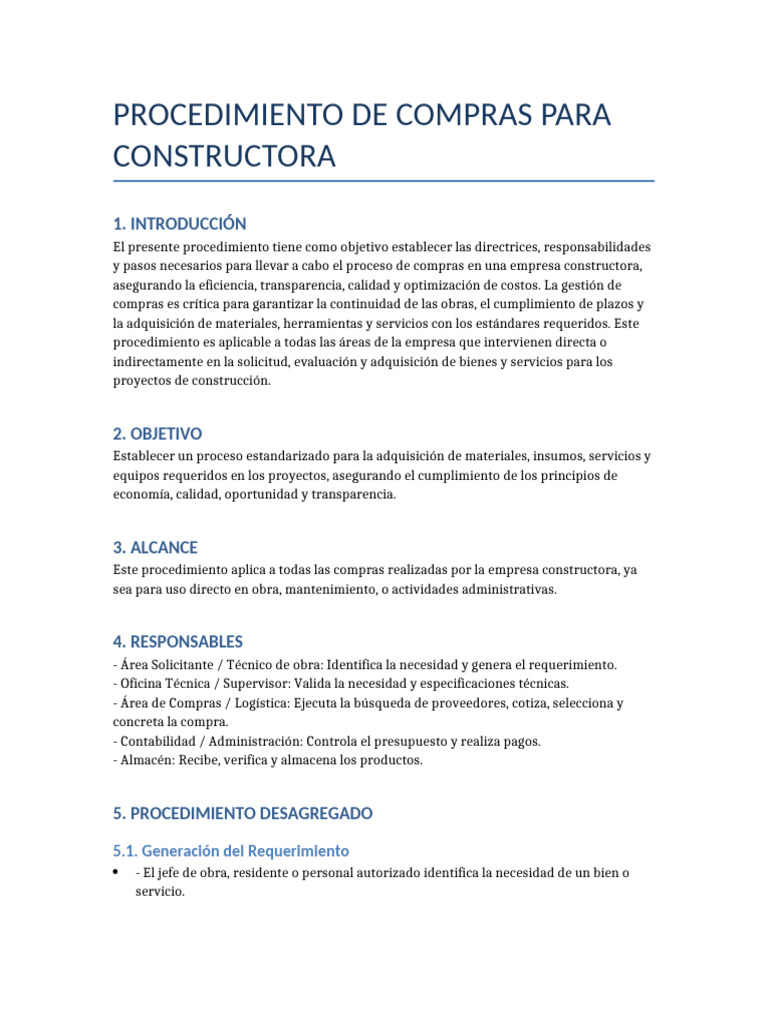 Procedimiento Compras Constructora | PDF | Calidad (comercial) | Presupuesto