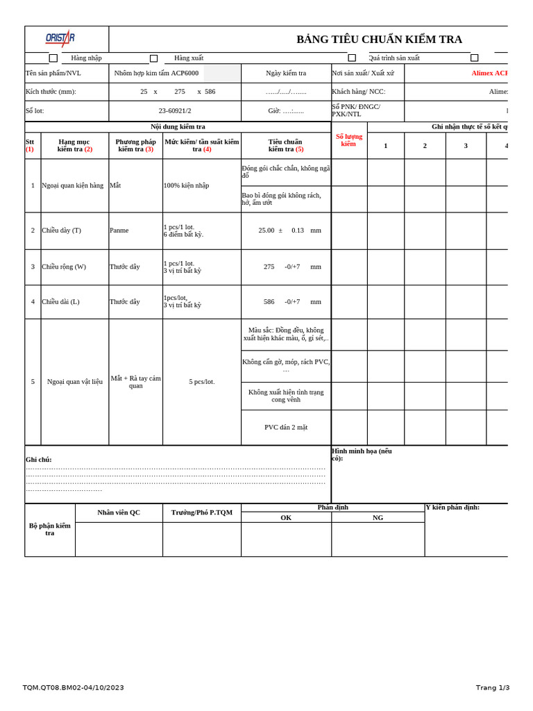 NHÔM HỢP KIM TẤM - ACP 6000 30.10 HOÀN THÀNH | PDF