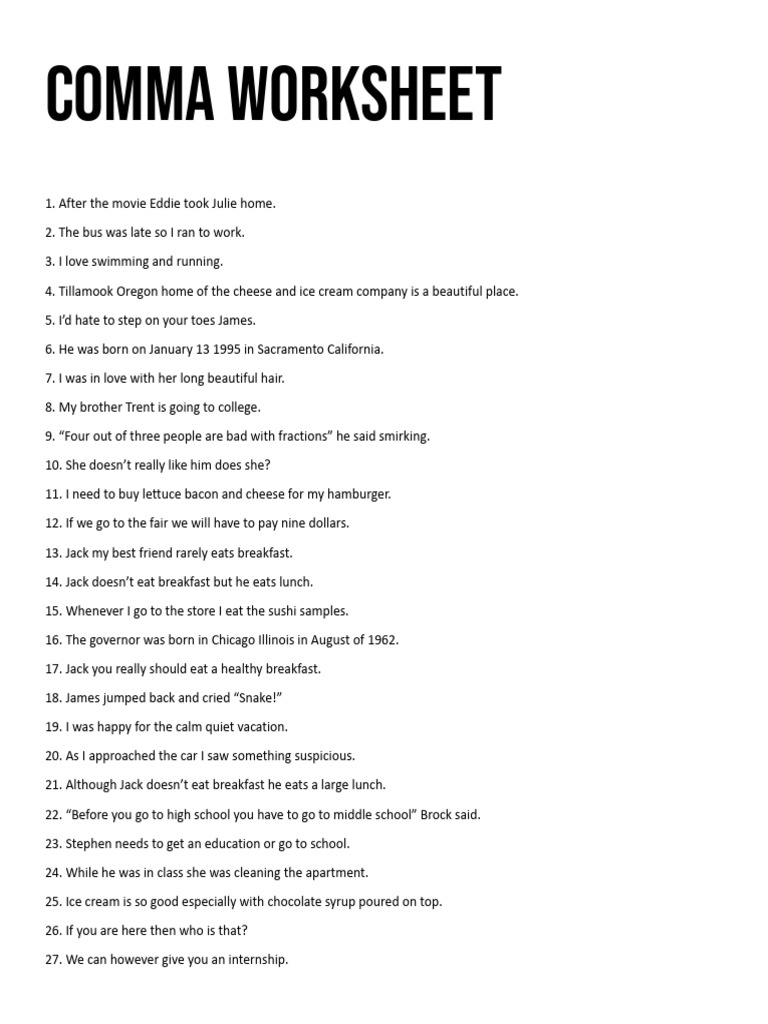 Comma Usage Practice Worksheet | PDF | Language Mechanics | Cuisine