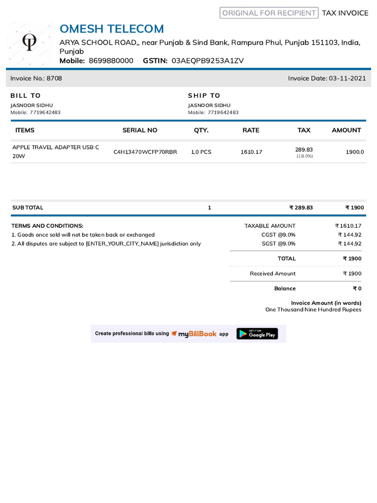 8708-Sales - Invoice-Jasnoor Sidhu | PDF