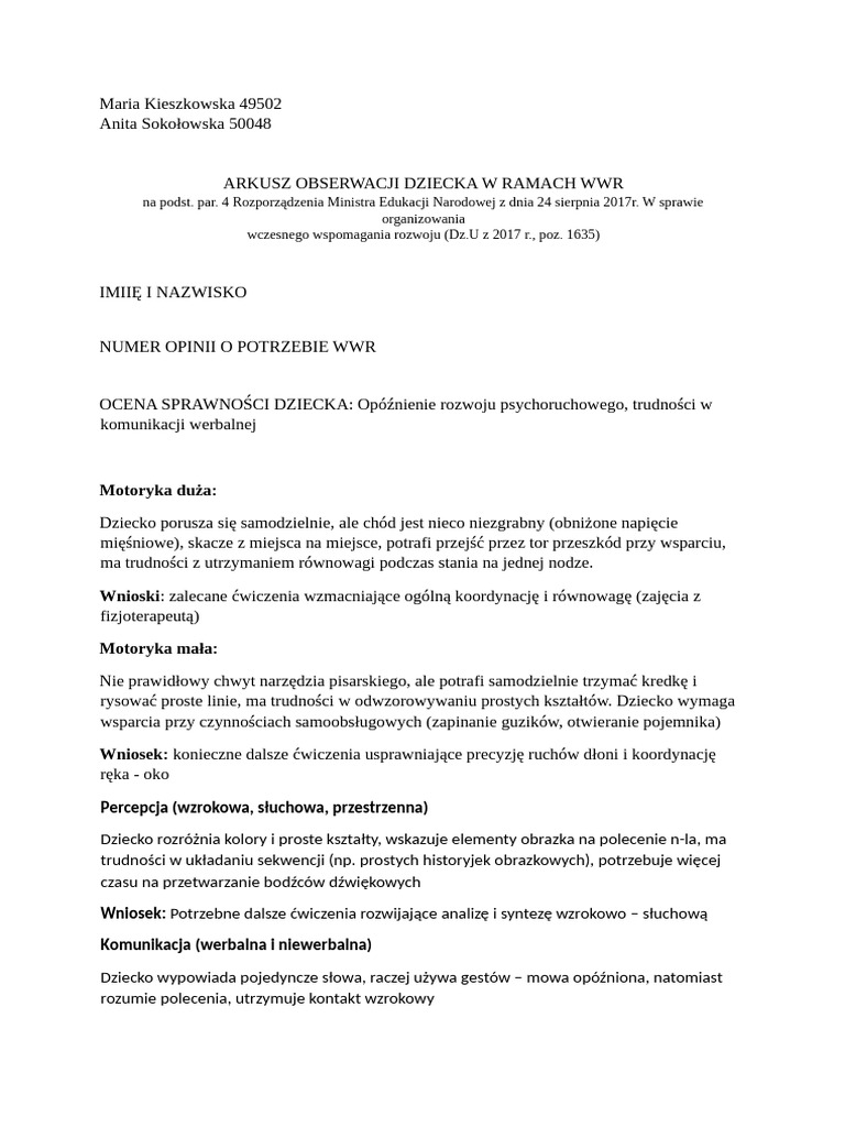 Arkusz Obserwacji Dziecka W Ramach WWR Anita I Maria | PDF