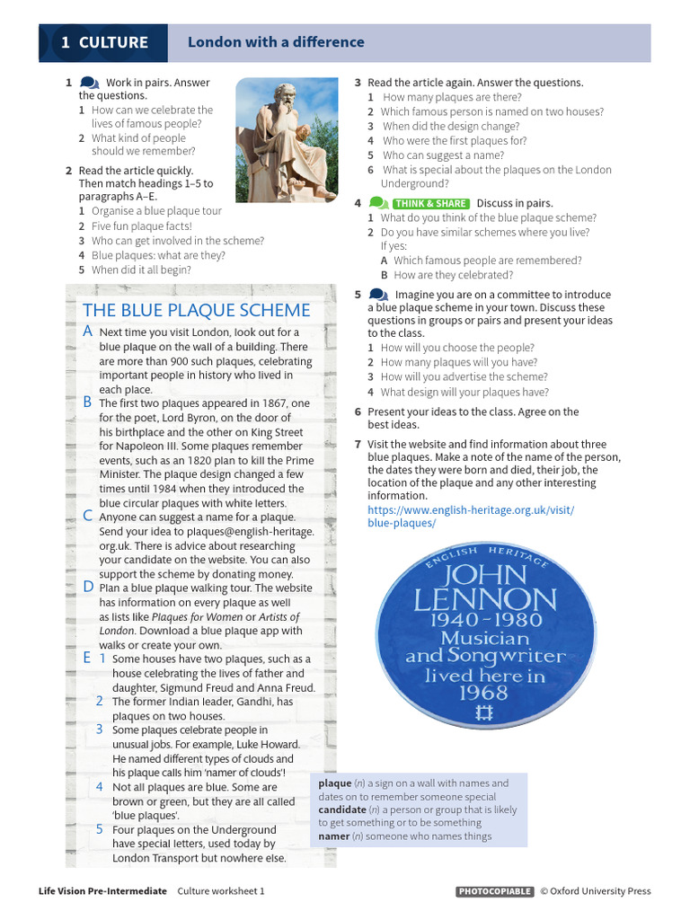 Life Vision Pre-Int Culture Worksheet U1 | PDF