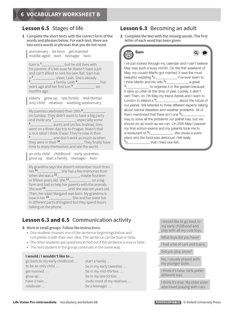 Life Vision Pre-Int Vocab Worksheet B U6 | PDF