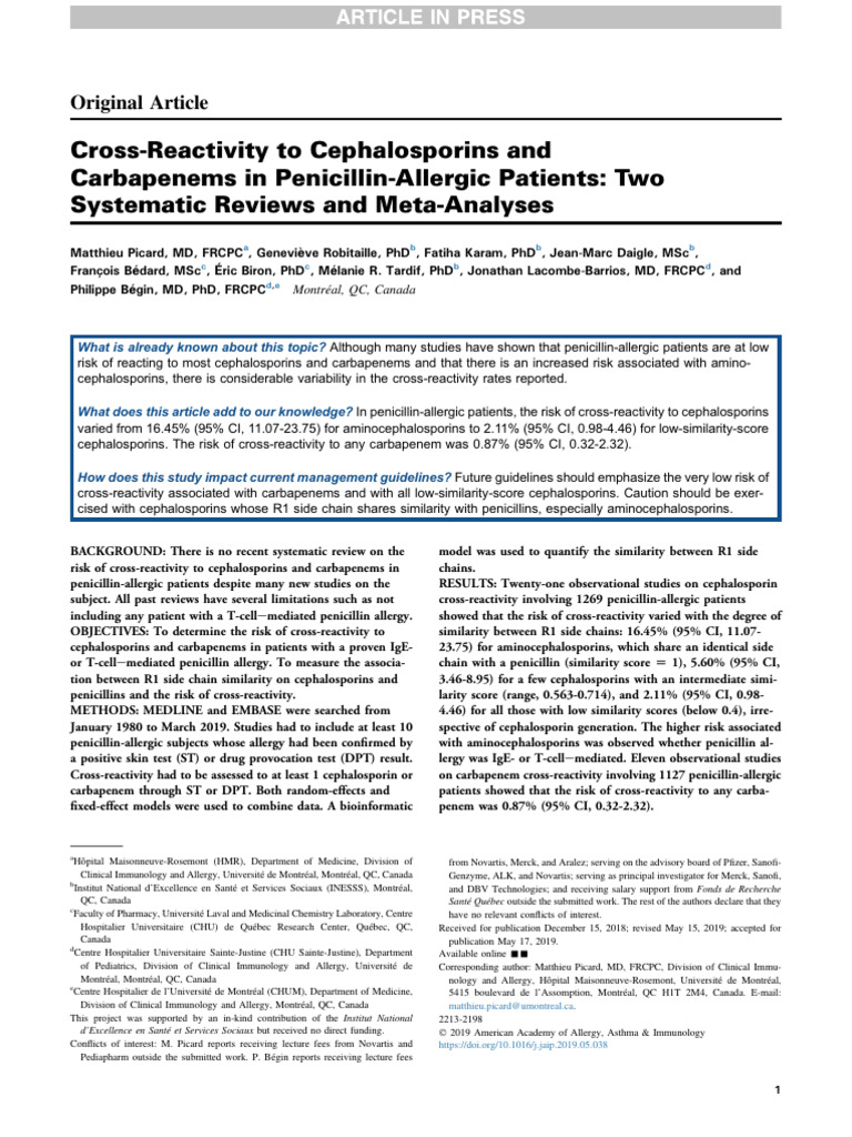 Cross-Reactivity to Cephalosporins and Carbapenems in Penicillin-Allergic Patients: Two ...