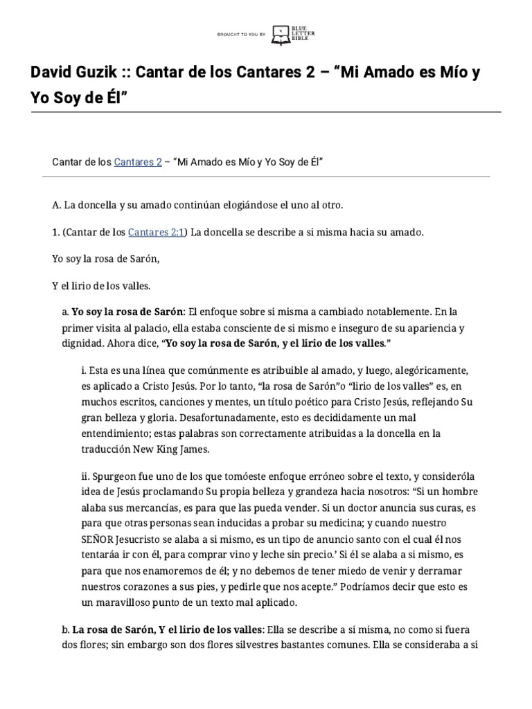 Cantar de Los Cantares 2 - "Mi Amado Es Mío y Yo Soy de Él" by David Guzik | PDF | Amor | Cristo ...