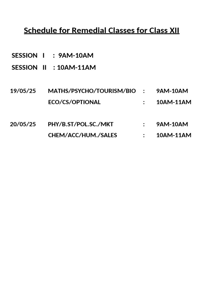 Schedule For Remedial Classes For Class XII | PDF
