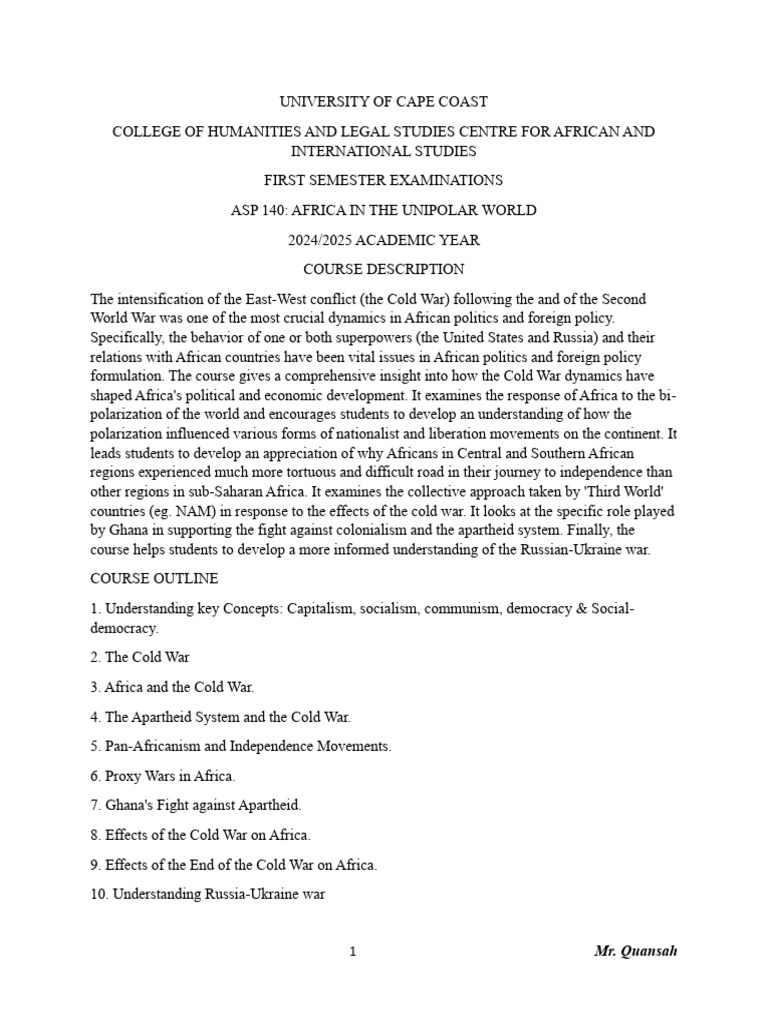 Course Outline ASP 140 AFRICA IN THE UNIPOLAR WORLD | PDF | Africa ...