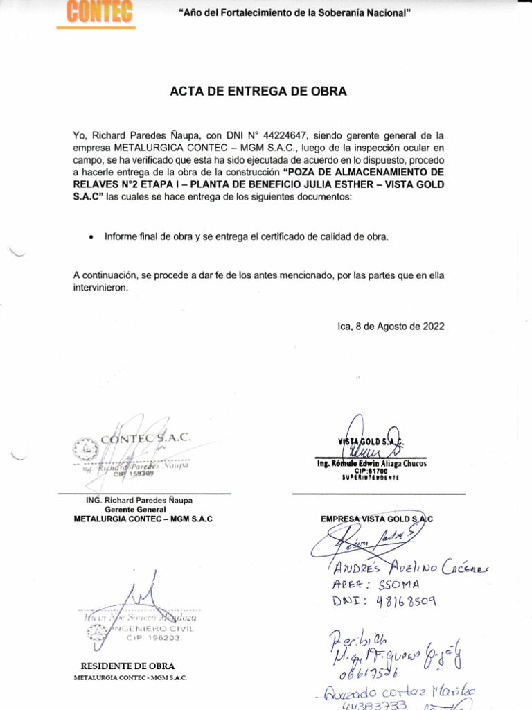 INFORME FINAL CONSTRUCCION DE POSA DE ALMACENAMIENTO DE RELAVES ...