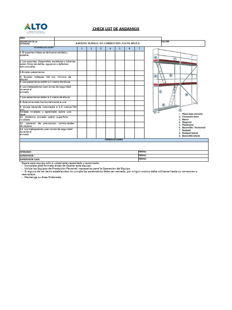 Checklist de Seguridad para Andamios | PDF