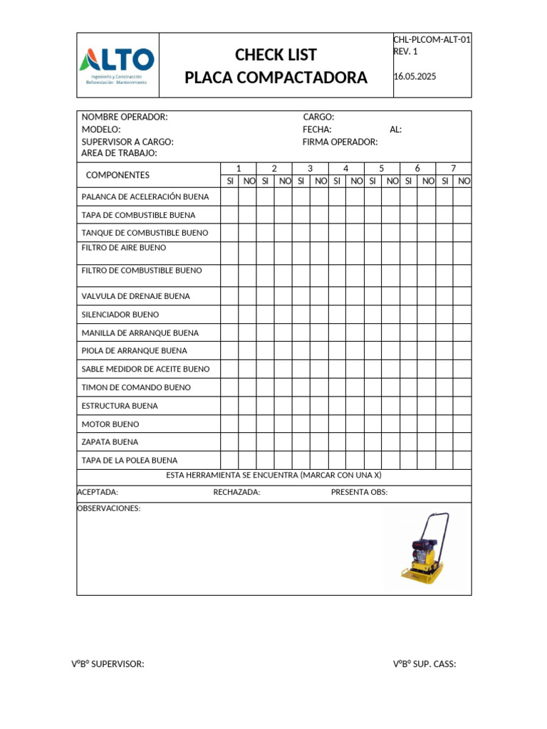 Check List Placa Compactadora | PDF