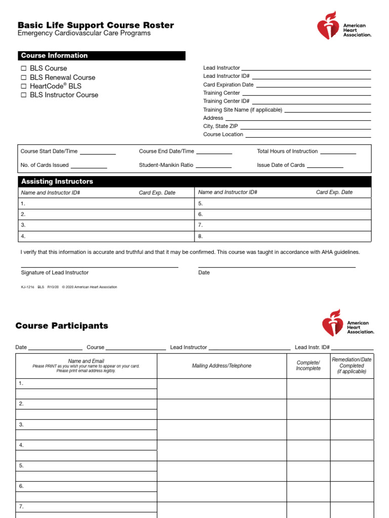 AHA Basic Life Support Course Roster | PDF | Clinical Medicine ...